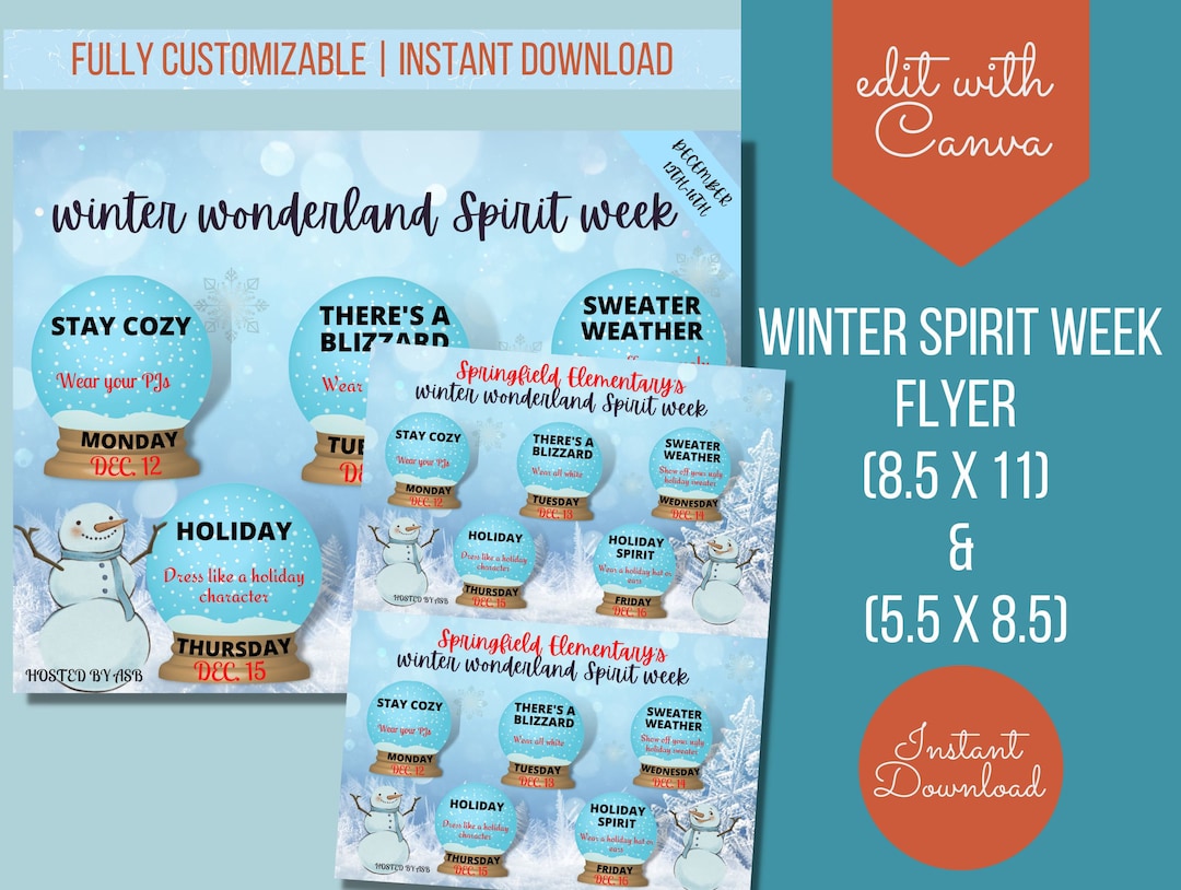 Winter Christmas Spirit Week School Flyer, Editable Printable Digital ...