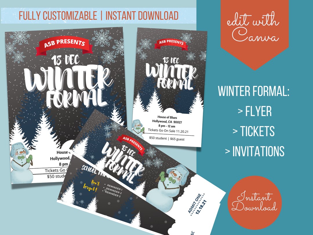 Winter Formal Flyer and Printable Dance Tickets for School PTA | ASB ...