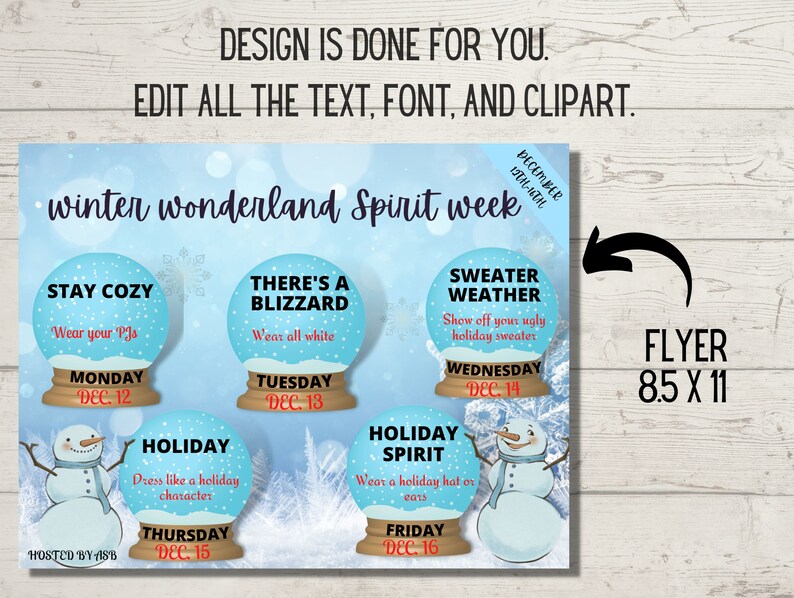 Winter Christmas Spirit Week School Flyer, Editable Printable Digital ...