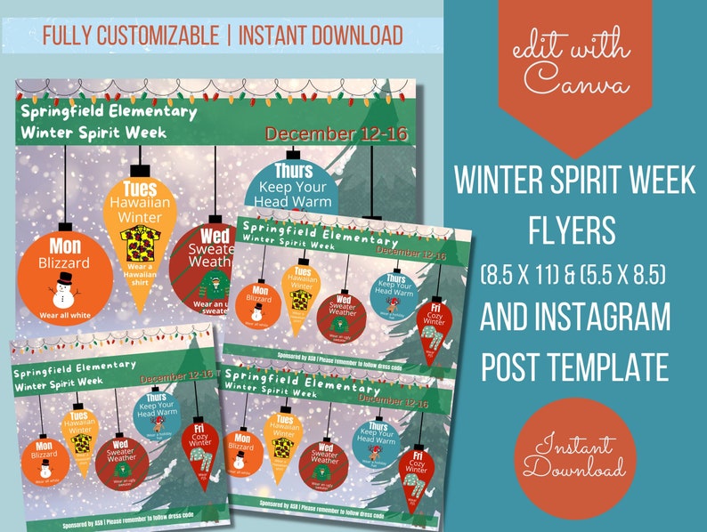 Winter Christmas Spirit Week School Flyer, Editable Printable Digital ...