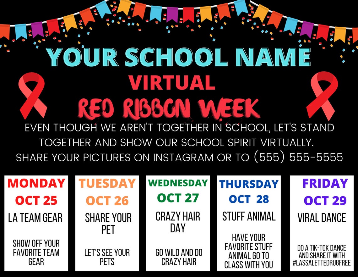 Red Ribbon Week Virtual Schedule Activity Flyer Printable for School ...