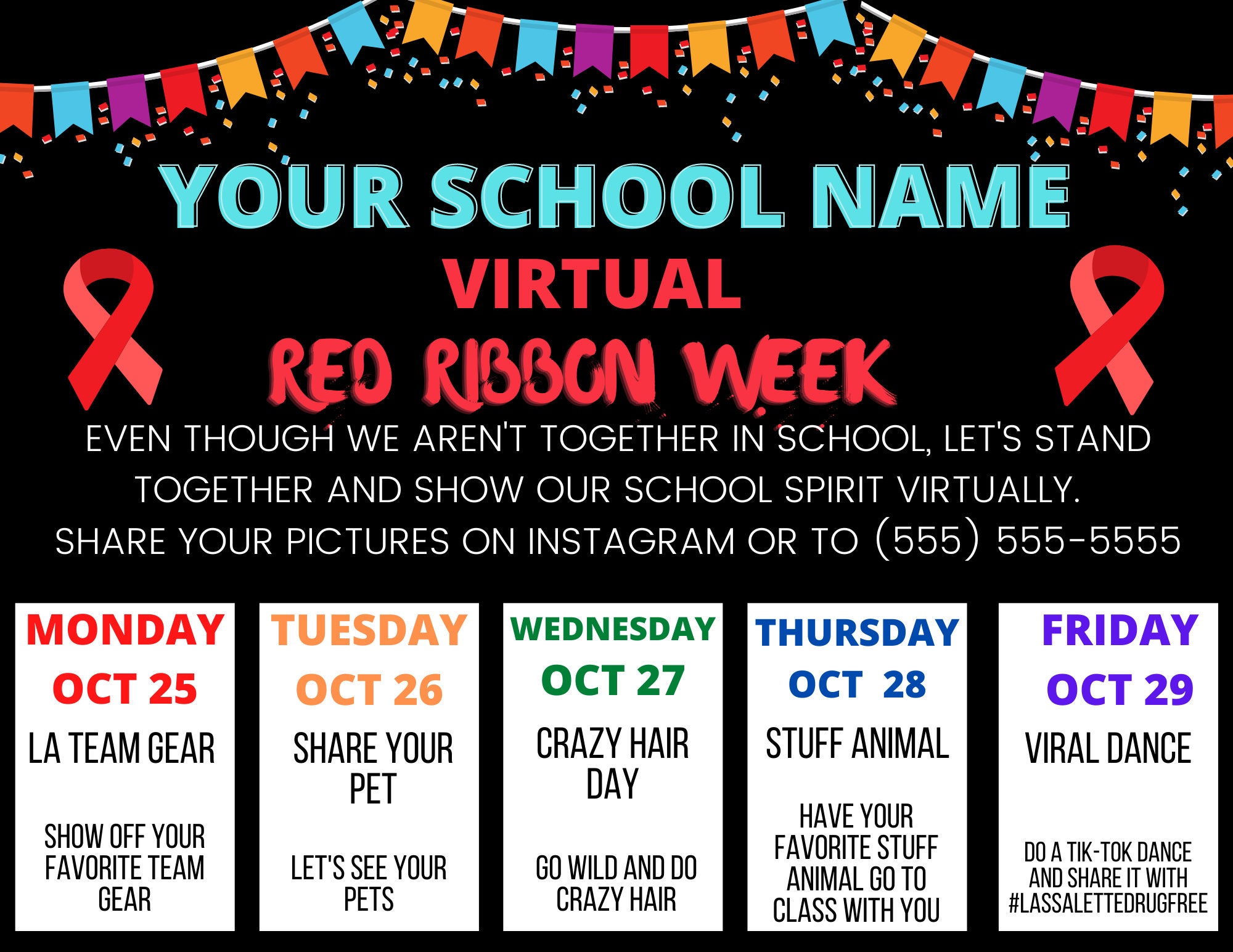 Red Ribbon Week Virtual Schedule Activity Flyer Printable for School ...