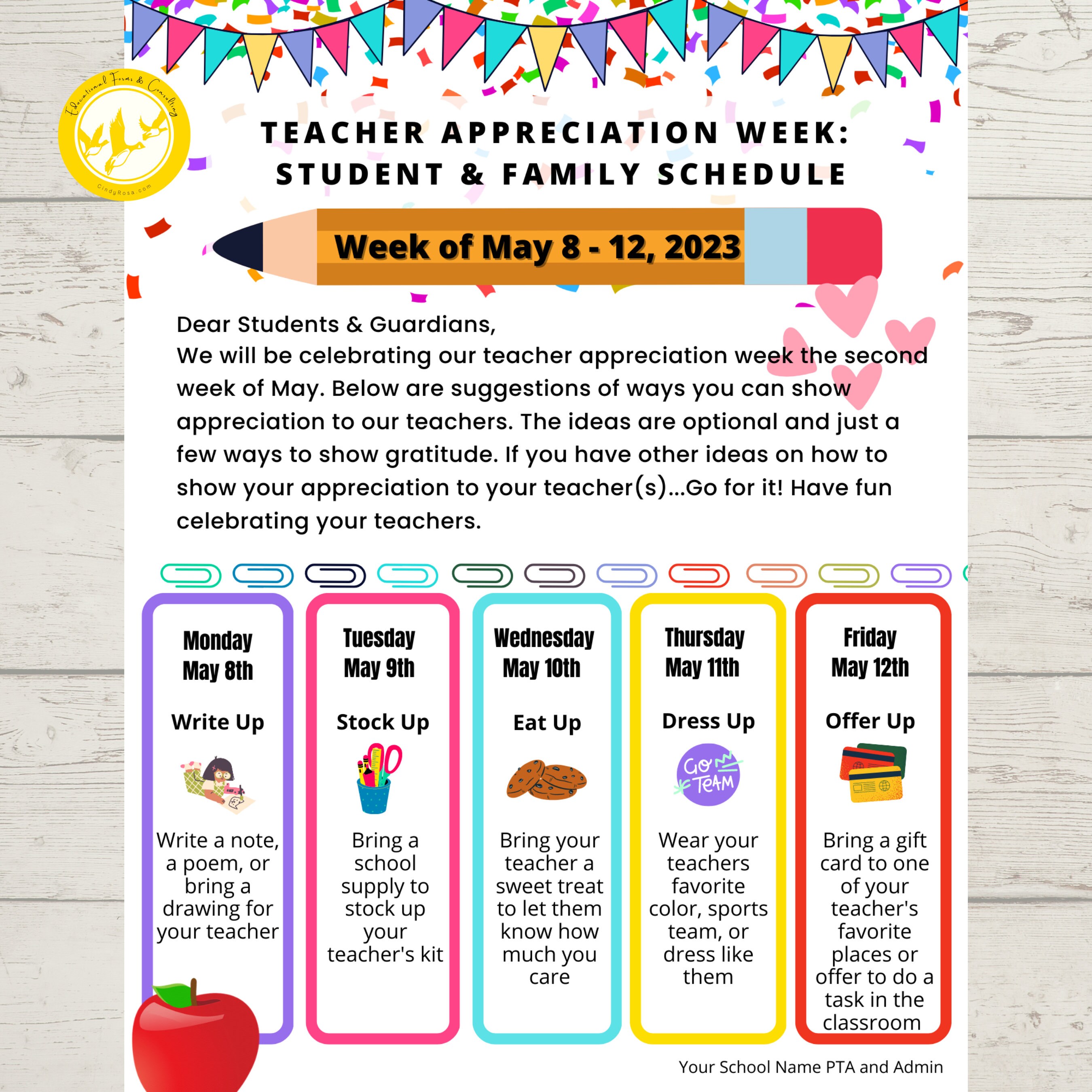 Editable Teacher Appreciation Family Newsletter, Printable Appreciation ...