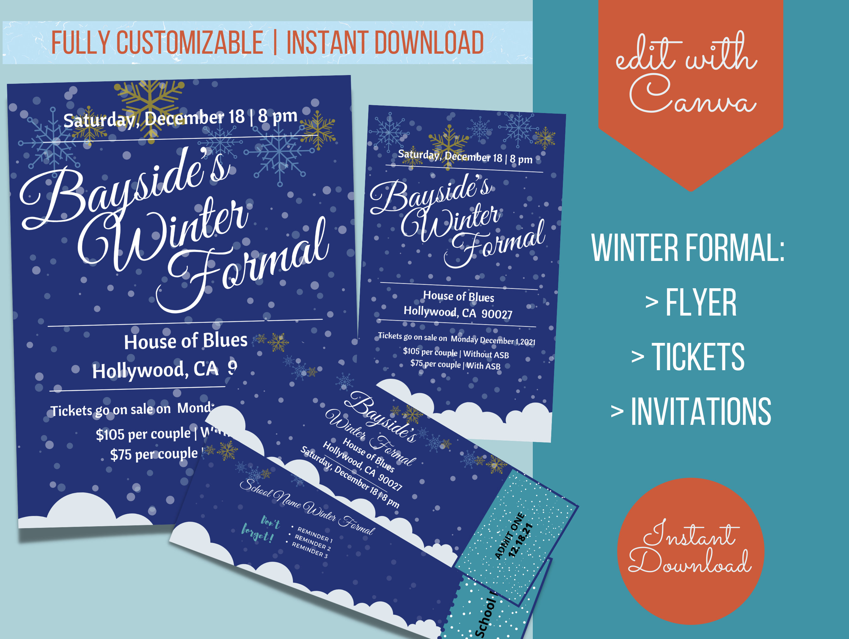 Winter Formal Flyer and Printable Tickets for School PTA | ASB | Event ...