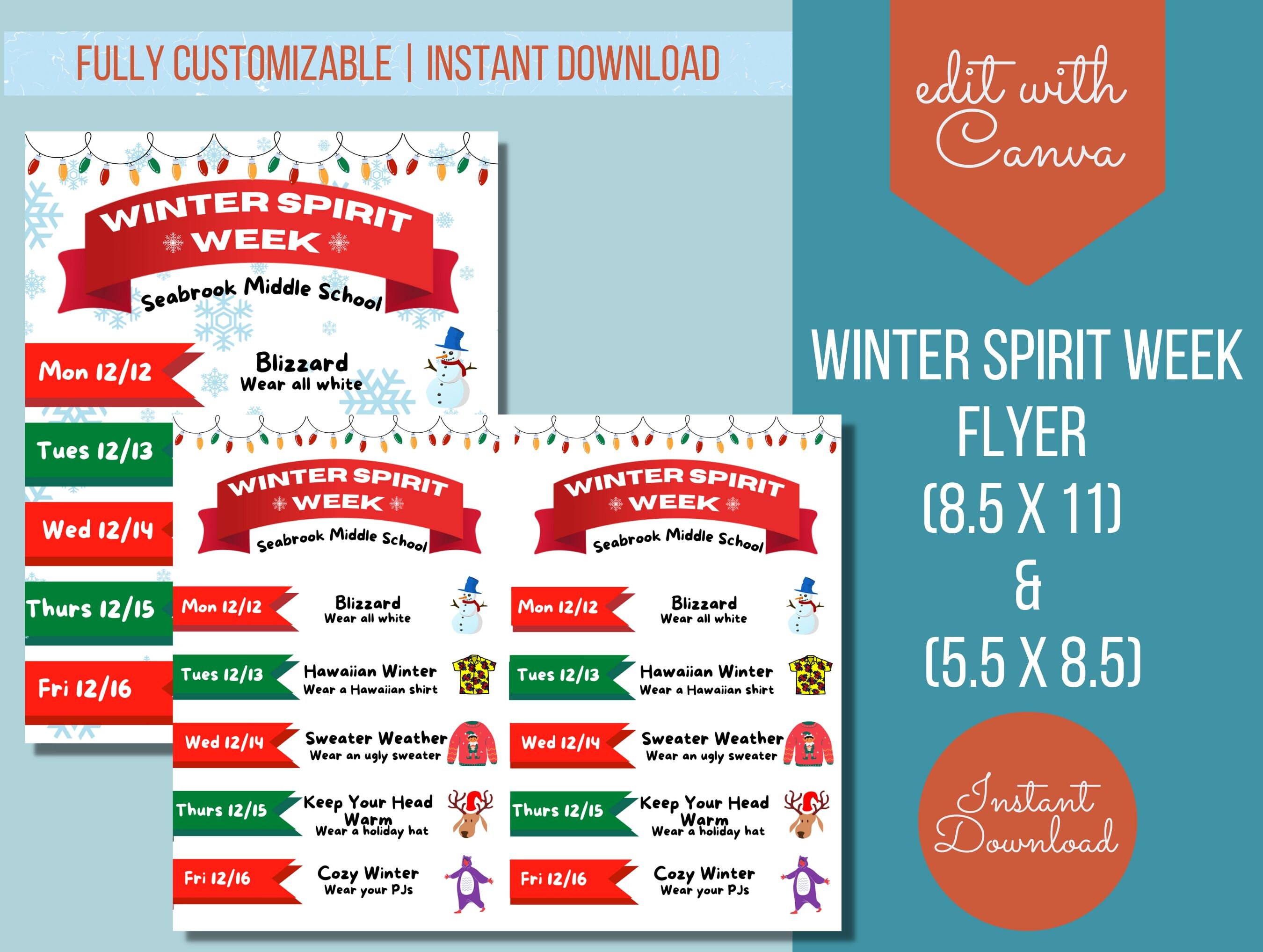 Winter Christmas Spirit Week School Flyer, Editable Printable Digital ...