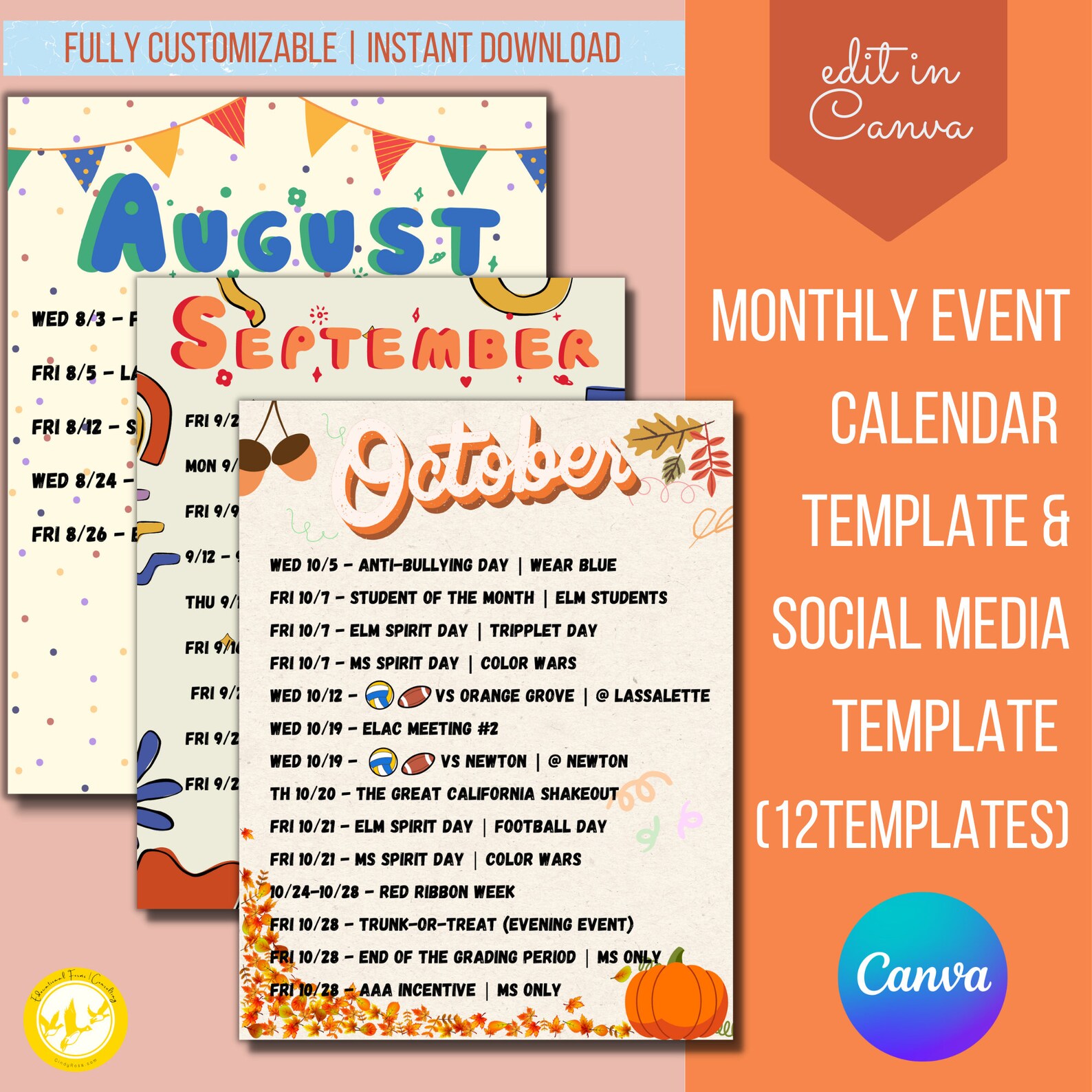 Editable Themed Template for School Events, Monthly Event Calendar ...