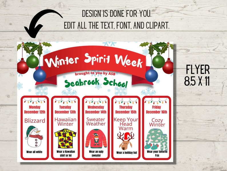 Winter Spirit Week School Flyer, Editable Printable Digital Template ...