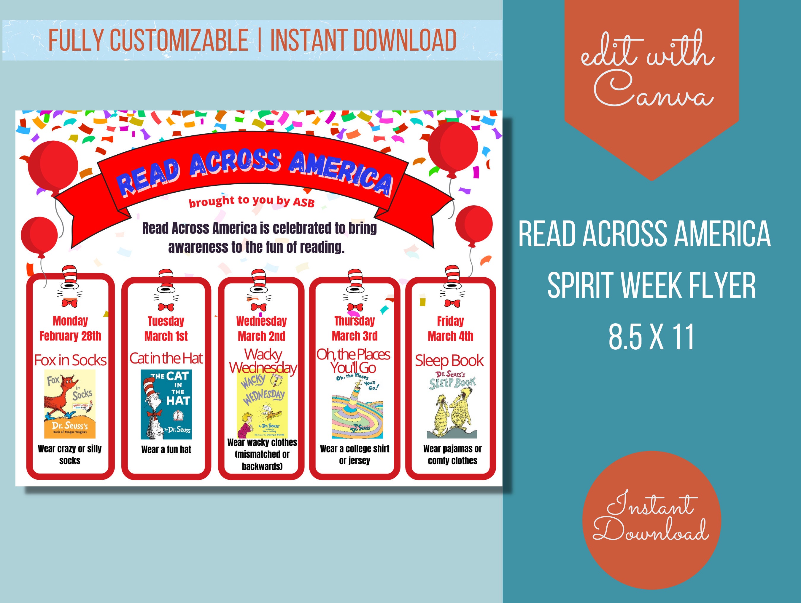 Read Across America Spirit Week Flyer School PTO PTA, Printable ...