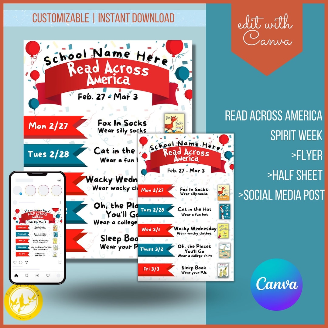 Read Across America Spirit Week Flyer, Spirit Week Template, Spirit ...
