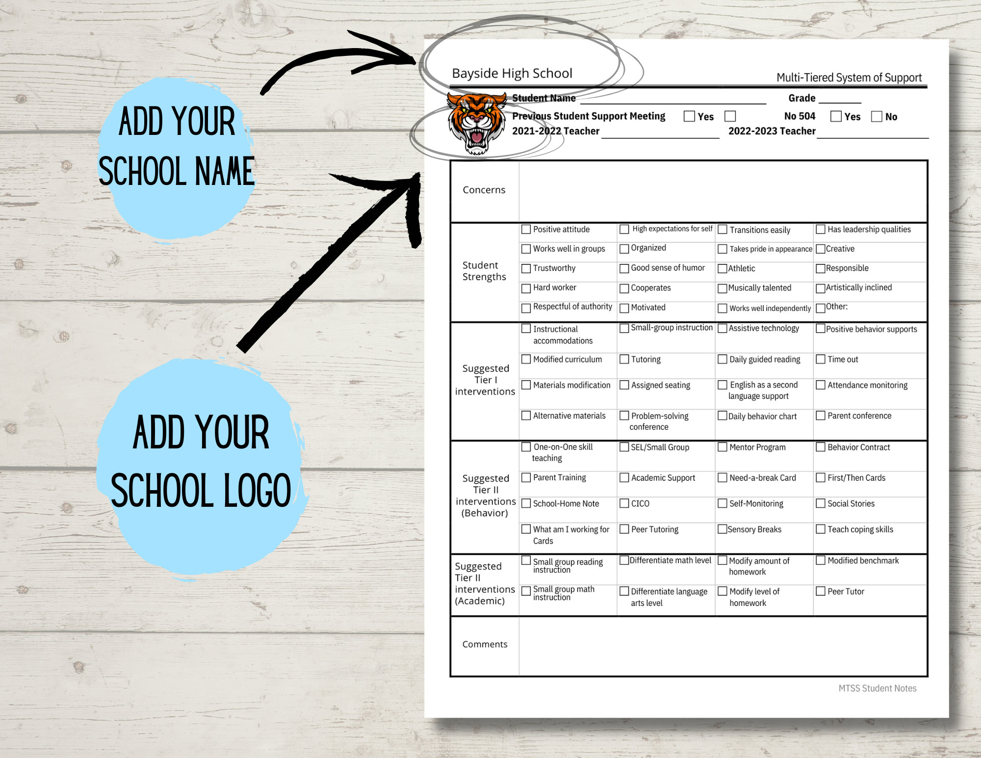 MTSS Student Notes Form Customizable Printable for Counselors and ...