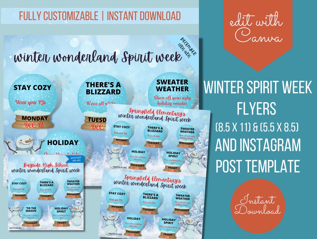 Winter Christmas Spirit Week School Flyer, Editable Printable Digital ...