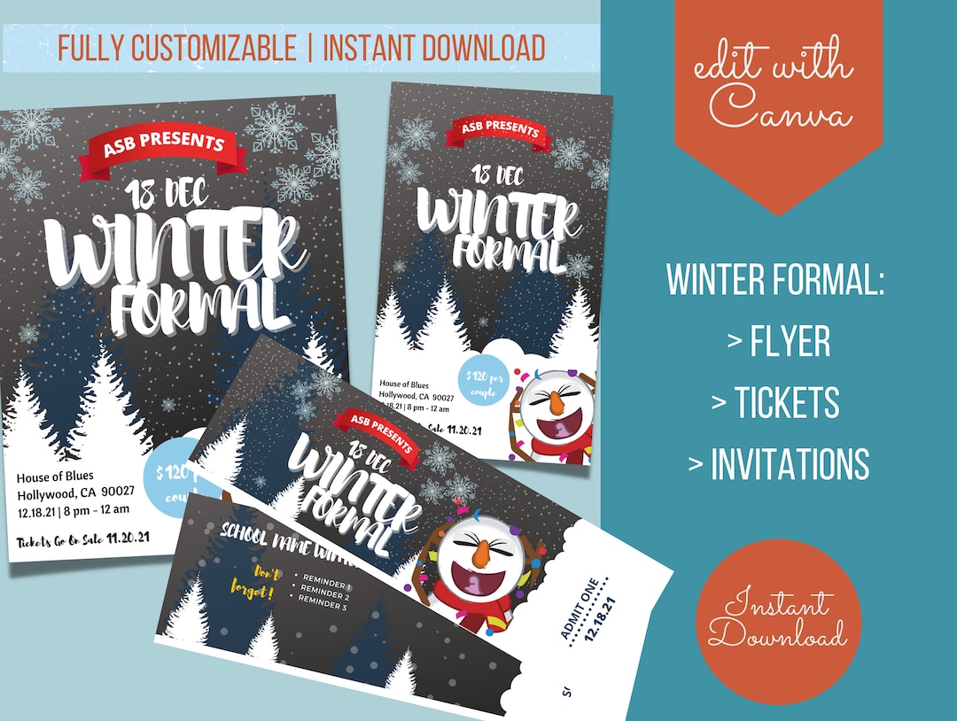 Winter Formal Flyer and Printable Dance Tickets for School PTA ASB ...