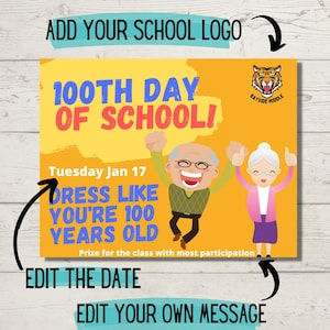 100th Day of School Editable Flyer and Social Media Template, Printable ...