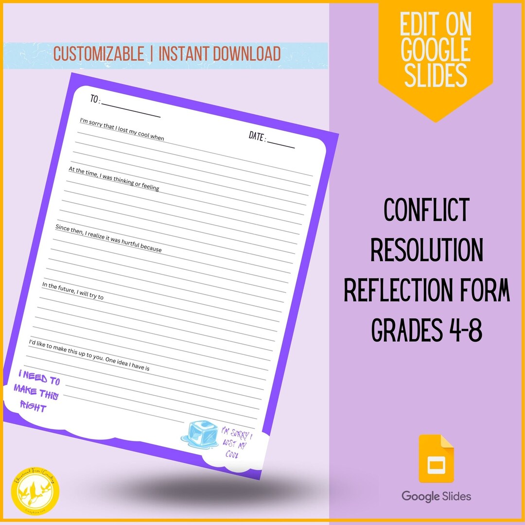 Conflict Resolution Worksheet Reflection Letter Apology Form Behavior ...
