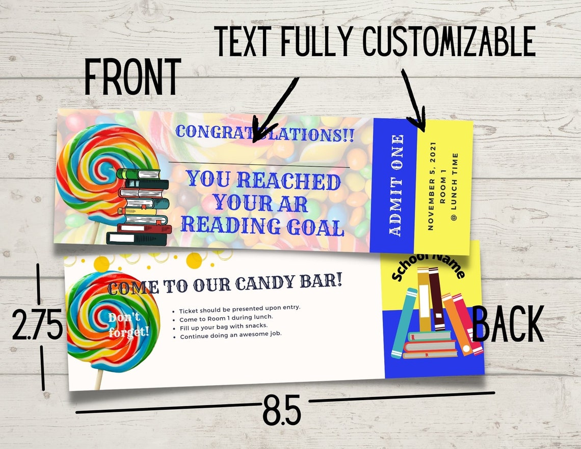 Accelerated Reader AR Candy Bar Ticket Printable Incentive for School ...