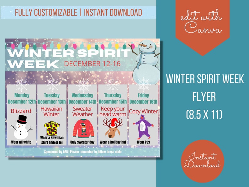 Winter Spirit Week School Flyer Editable Printable Digital - Etsy