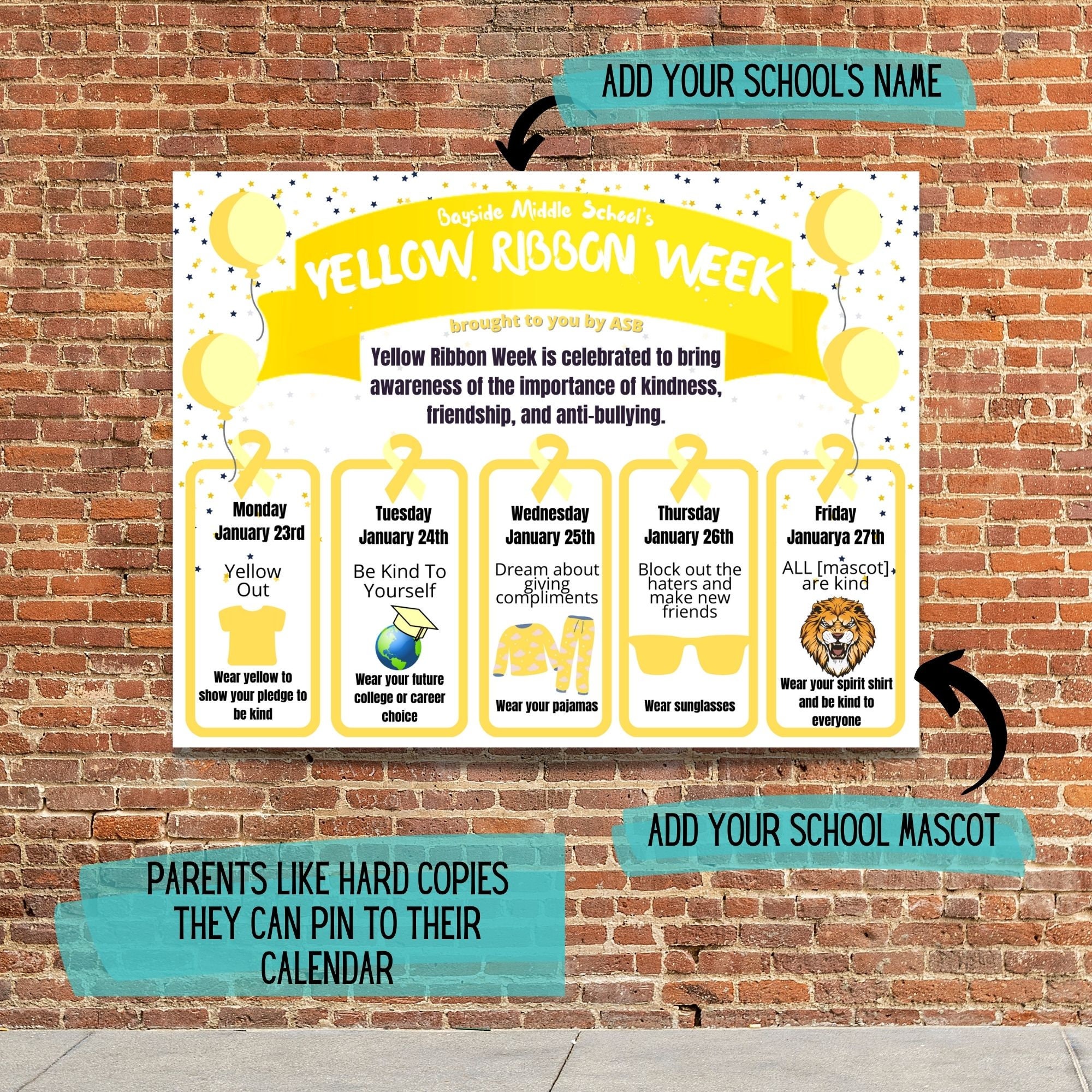 Yellow Ribbon Spirit Week Digital Flyer, Kindness Week Agenda, Anti ...