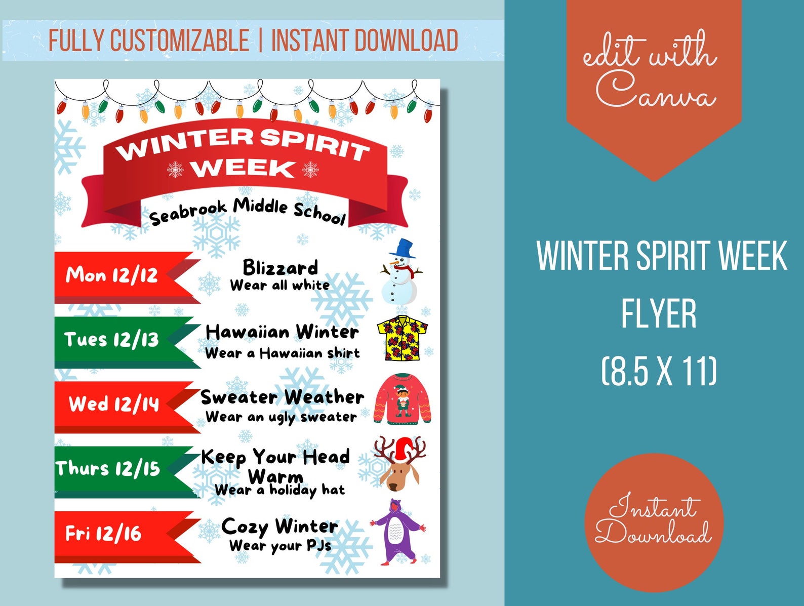 Winter Spirit Week School Flyer, Editable Printable Digital Template ...