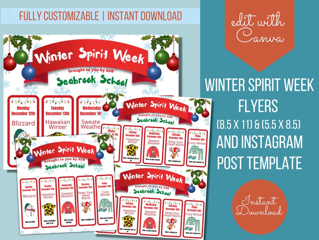 Winter Christmas Spirit Week School Flyer, Editable Printable Digital ...