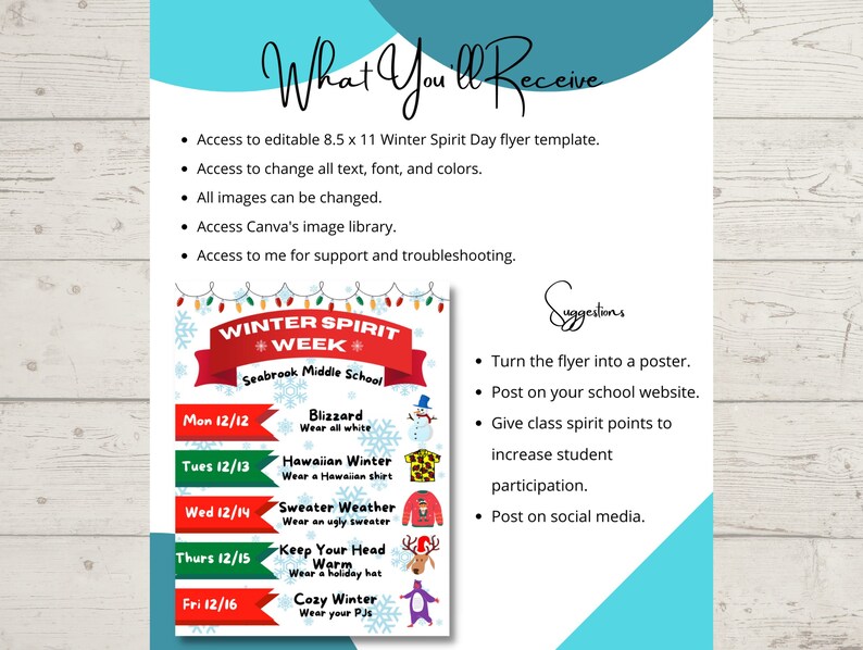 Winter Spirit Week School Flyer, Editable Printable Digital Template ...