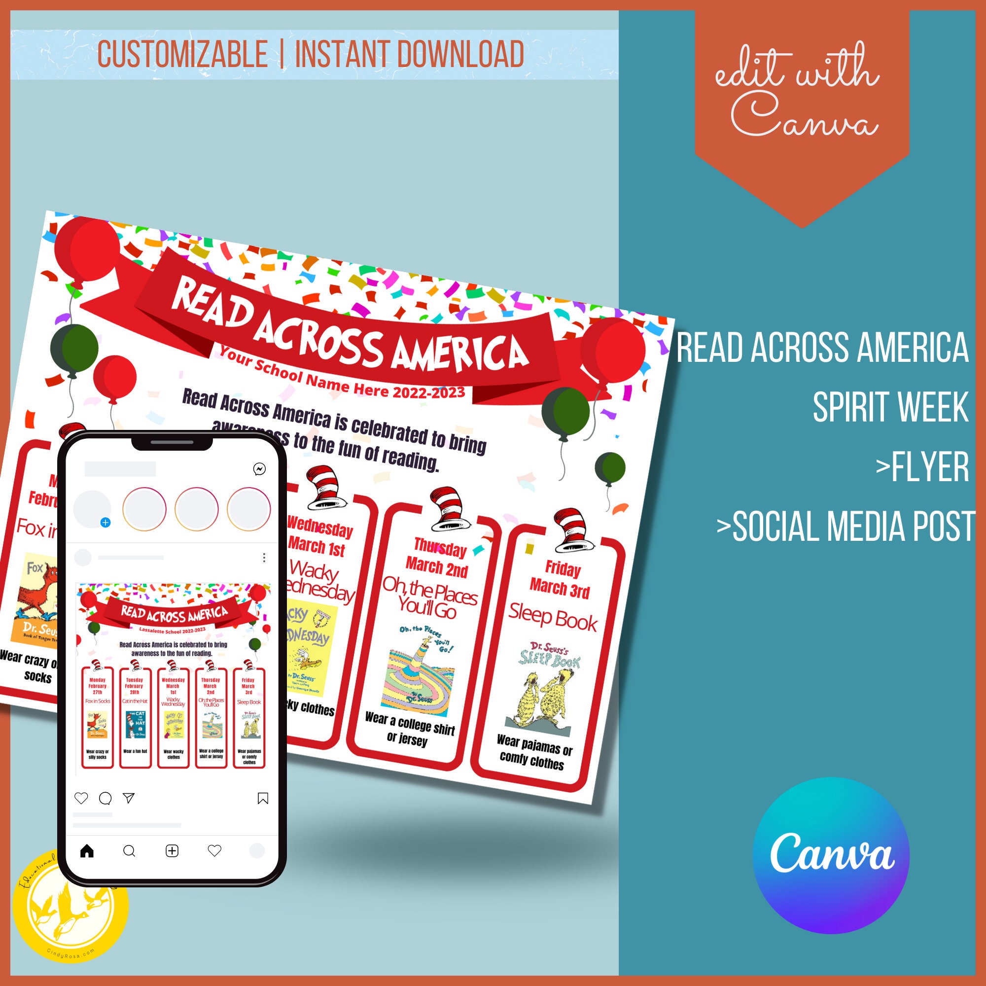 Read Across America Spirit Week Flyer Editable Activity Template ...