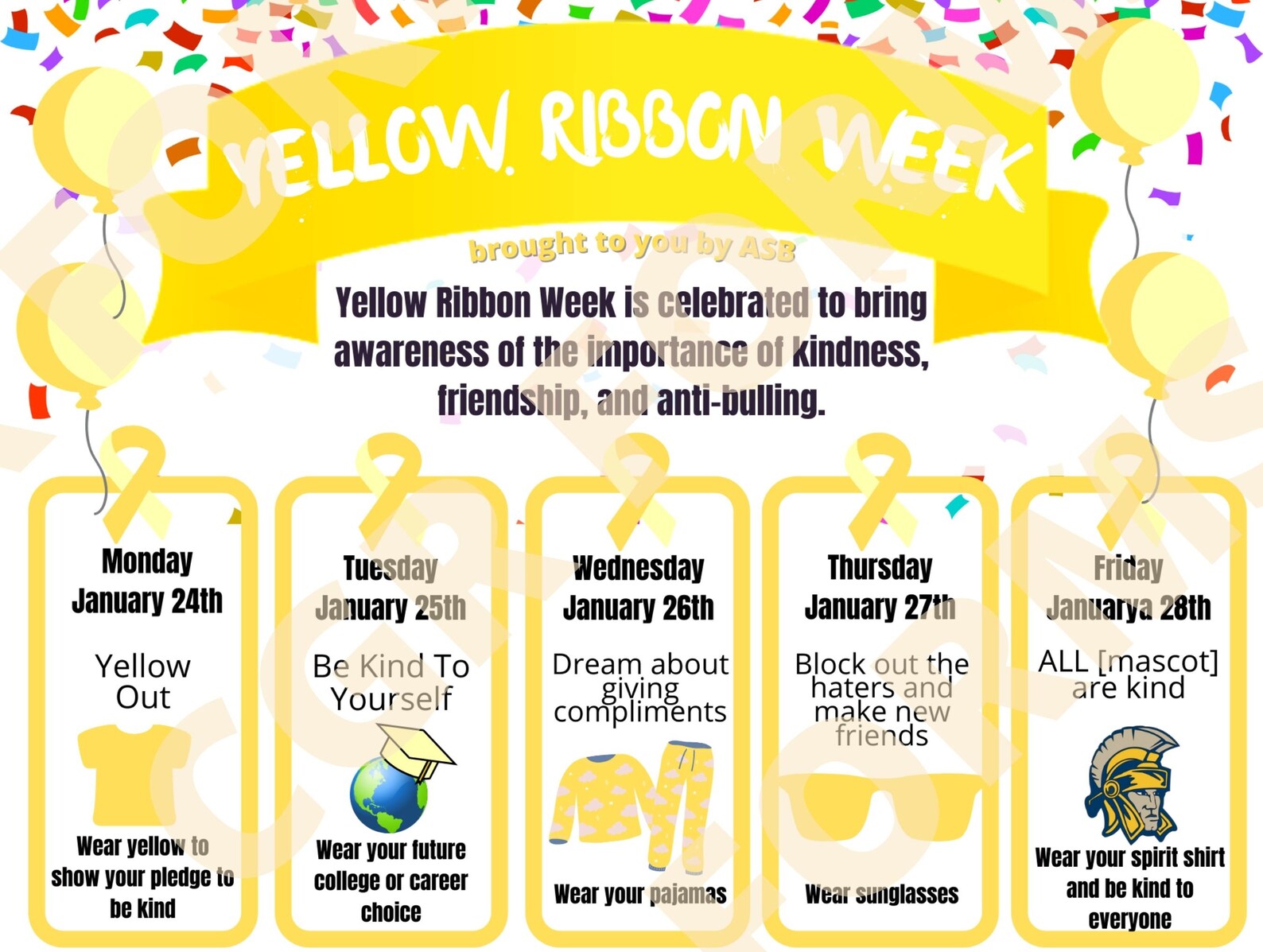 Yellow Ribbon Spirit Week Digital Flyer, Kindness Week Agenda, Anti ...