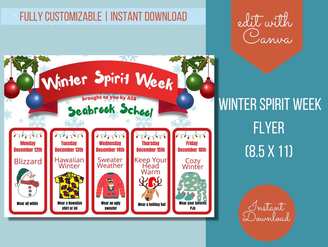 Winter Spirit Week School Flyer, Editable Printable Digital Template ...