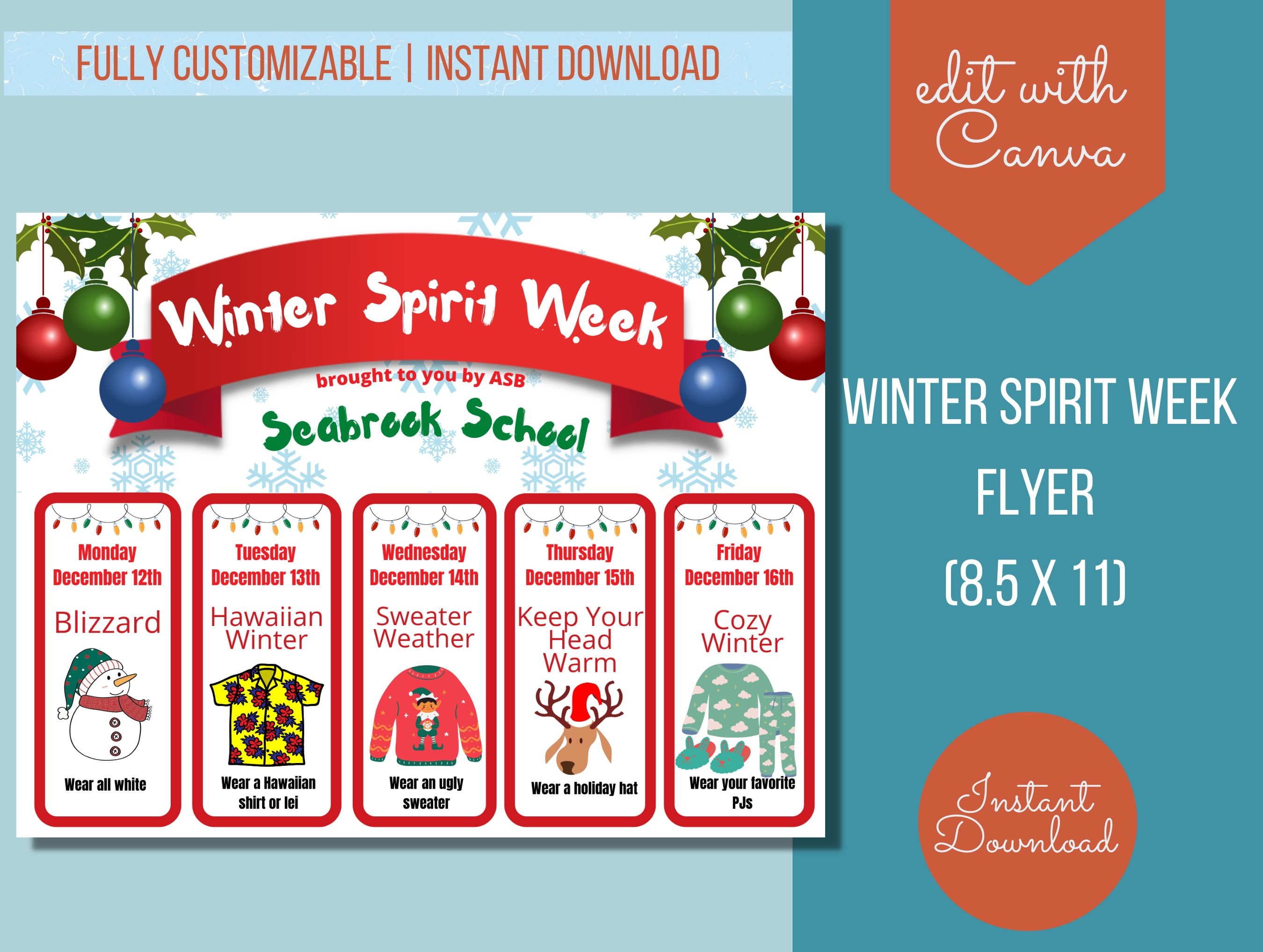 Winter Spirit Week School Flyer, Editable Printable Digital Template ...