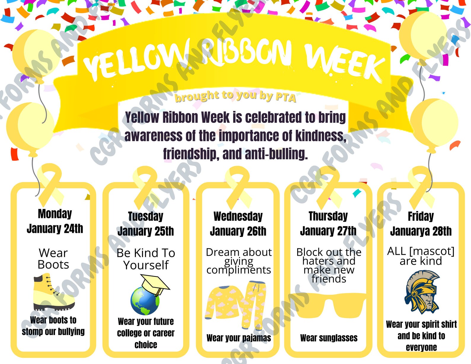 Yellow Ribbon Spirit Week Digital Flyer, Kindness Week Agenda, Anti ...