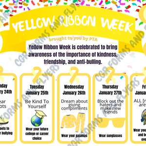 Yellow Ribbon Spirit Week Digital Flyer, Kindness Week Agenda, Anti ...