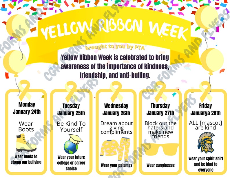 Yellow Ribbon Spirit Week Digital Flyer, Kindness Week Agenda, Anti ...