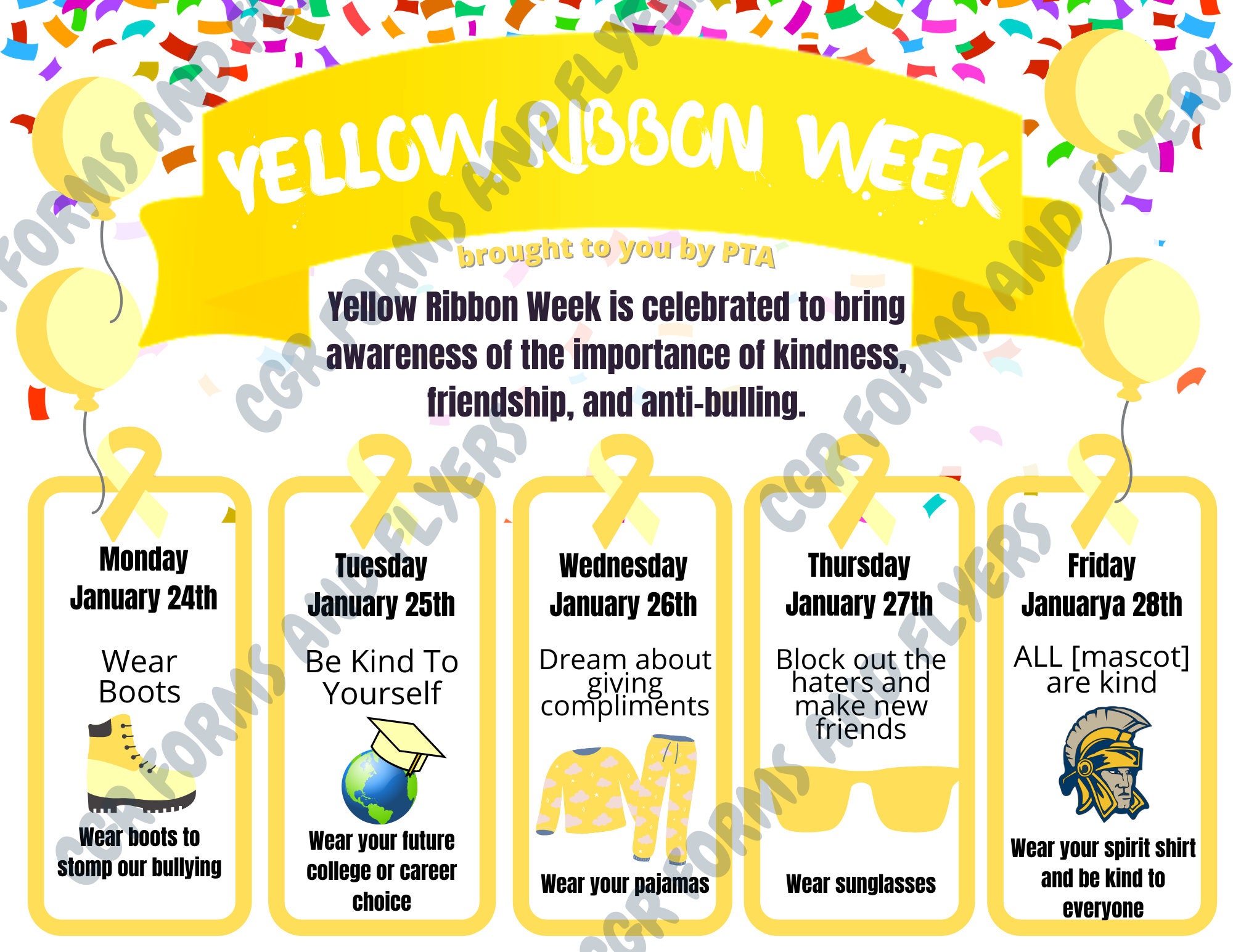 Yellow Ribbon Spirit Week Digital Flyer, Kindness Week Agenda, Anti ...