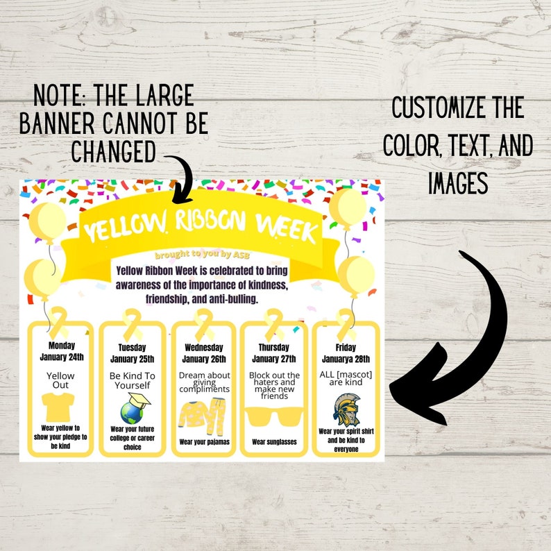Yellow Ribbon Spirit Week Digital Flyer, Kindness Week Agenda, Anti ...