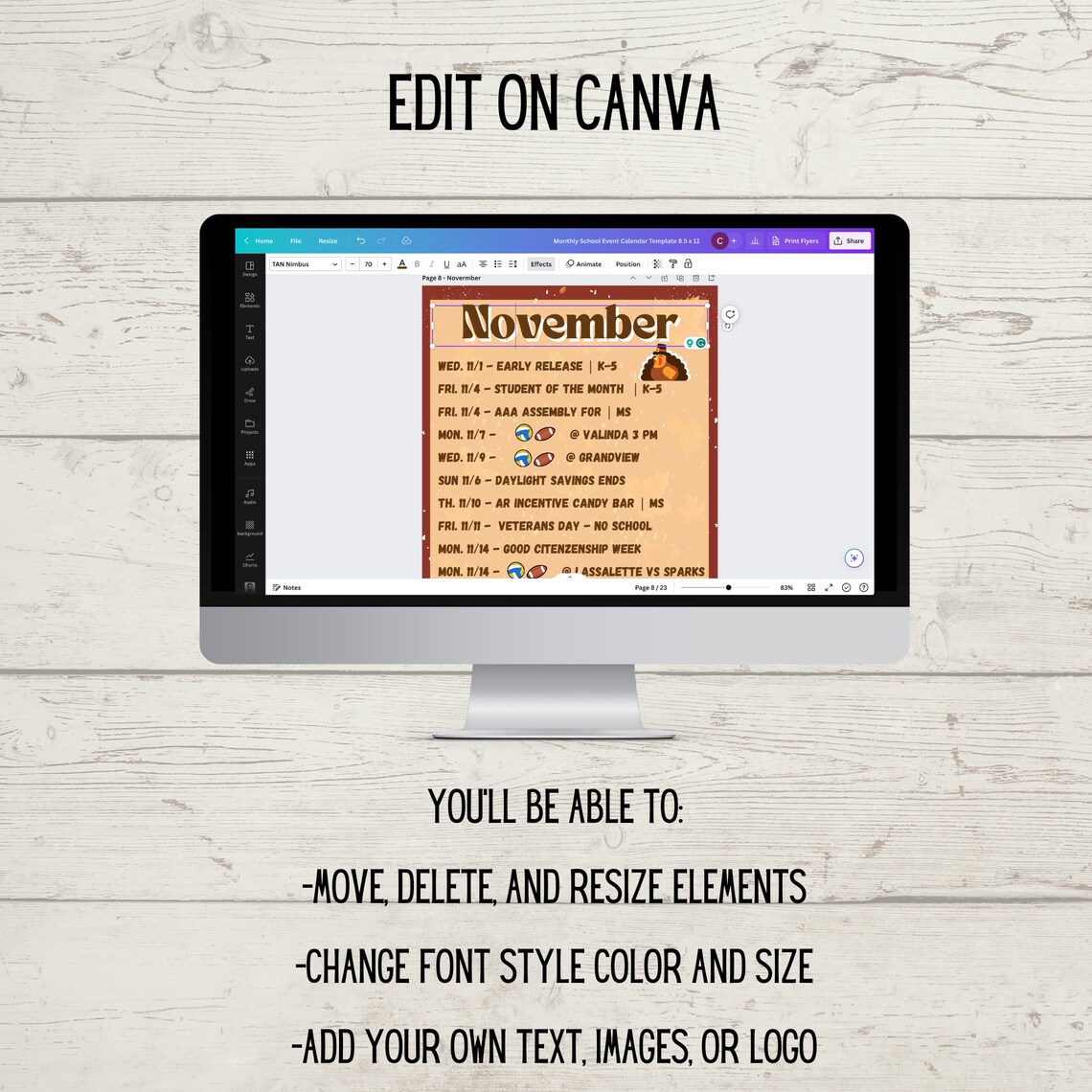 Editable Themed Template for School Events, Monthly Event Calendar ...