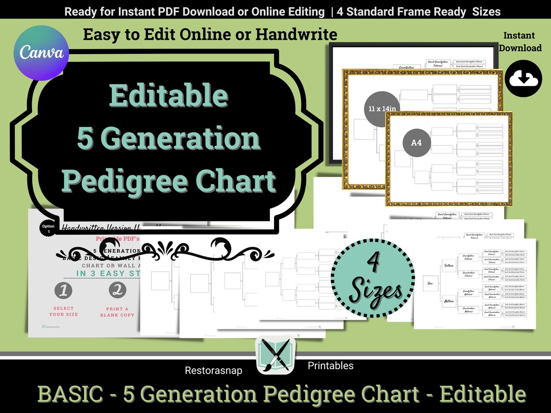 Editable Family Tree Chart Pedigree Chart. Five Generation - Etsy Australia
