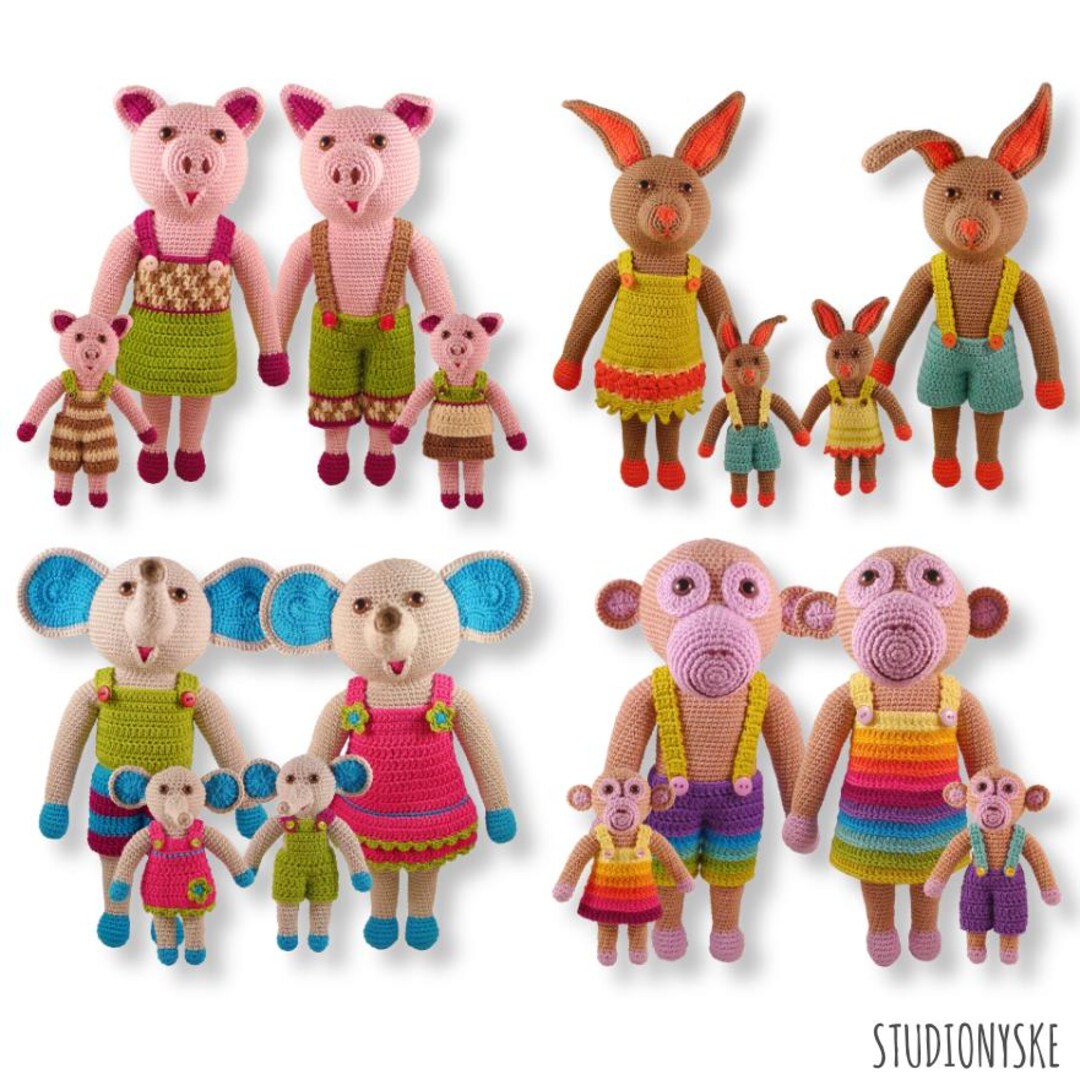 Animal Crochet PATTERN Deal, 4 Families, Pig, Monkey, Rabbit, Bunny ...