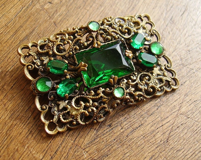 Large Antique Czech Green Glass Rectangular Filigree Brooch 1920s 1930s ...