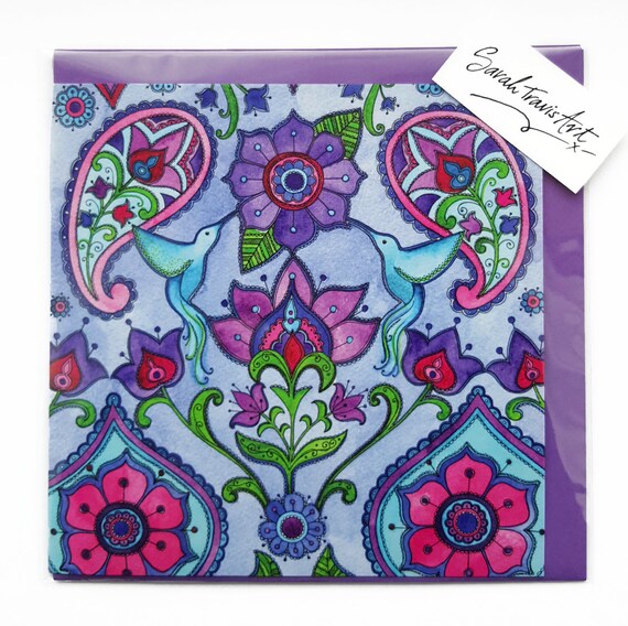 Watercolour Hummingbird Paisley Greetings Card | Etsy