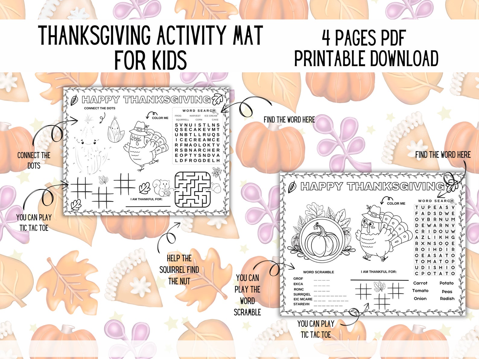Thanksgiving Activity Mat Printable Fun Kids Children - Etsy