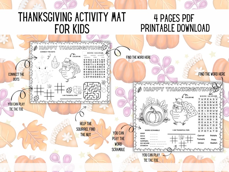Thanksgiving Activity Mat Printable Fun Kids Children - Etsy