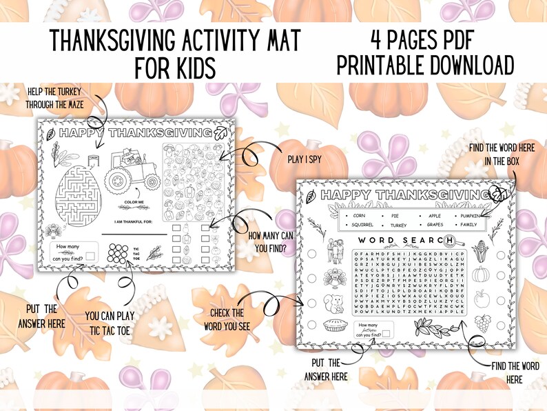 Thanksgiving Activity Mat Printable Fun Kids Children - Etsy