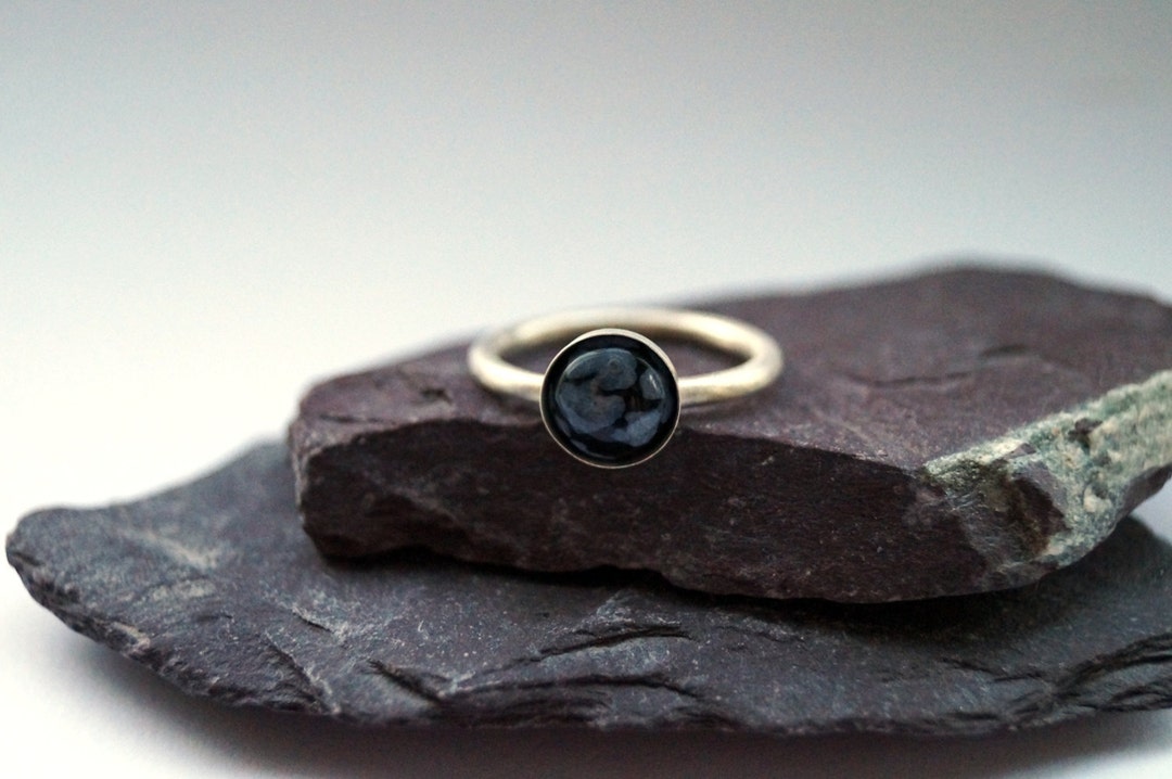 Recycled Sterling Silver Snowflake Obsidian Ring, Stacking Solitaire - Etsy