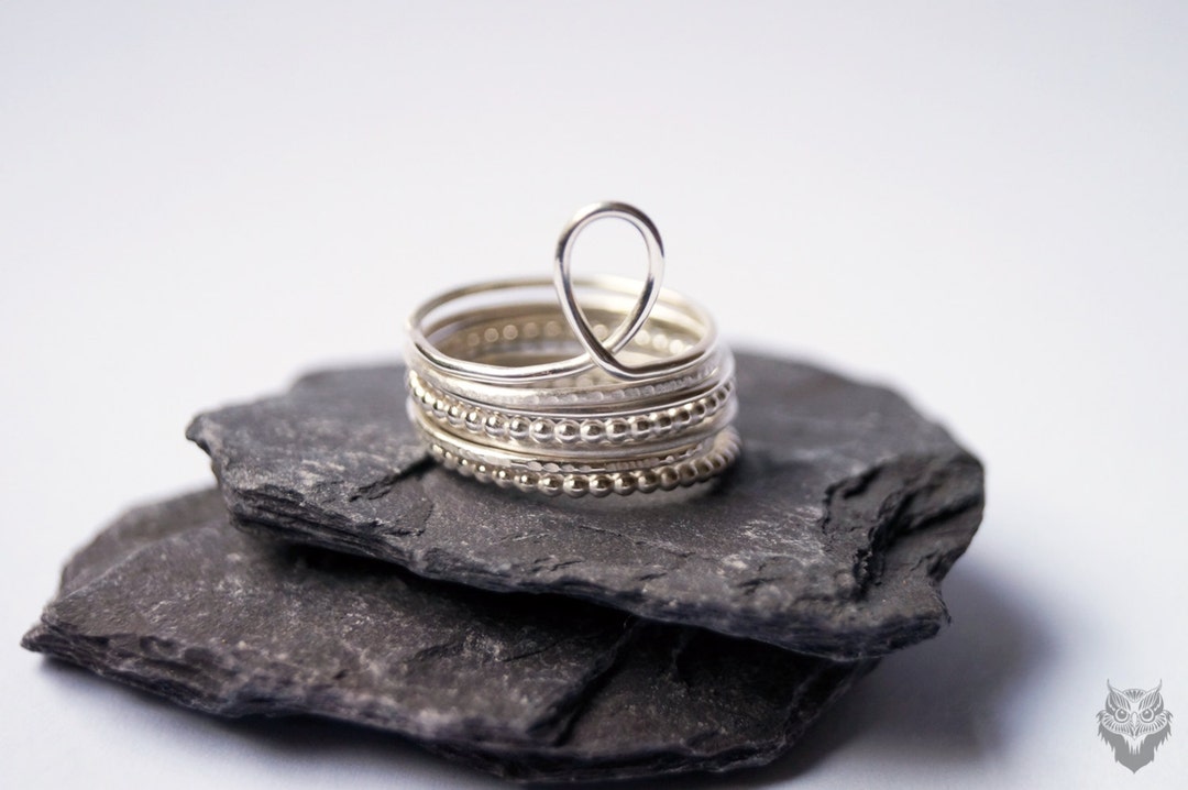 Seven Skinny Recycled Sterling Silver Stacking Rings - Hammered, Silver Bands, Oxidised ...
