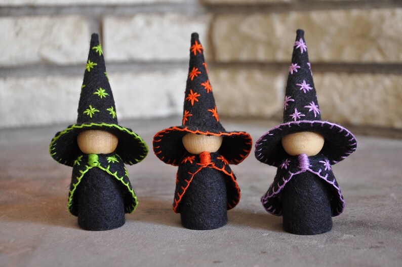 Three Little Wooden and Wool Felt Witches A Waldorf and - Etsy