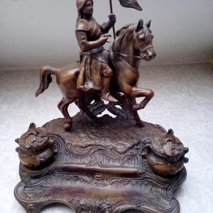 Joan of Arc Sculpture Double Inkwell and Pen Stand Bronzed Metal Signed ...