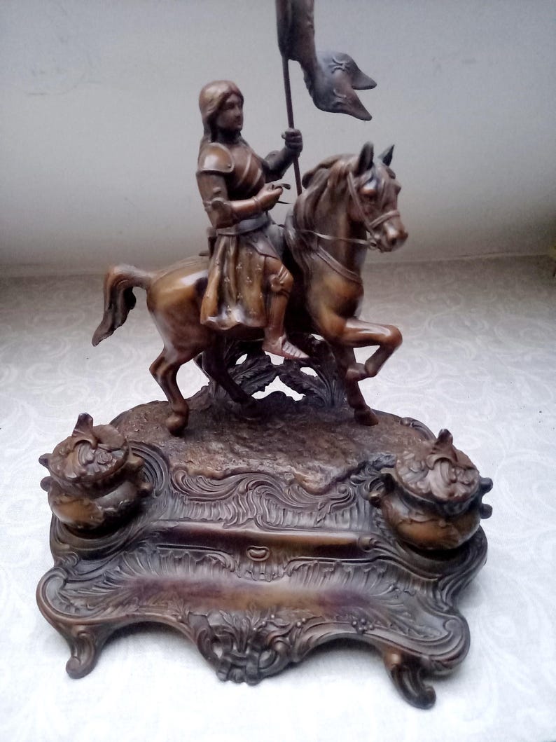 Joan of Arc Sculpture Double Inkwell and Pen Stand Bronzed Metal Signed ...