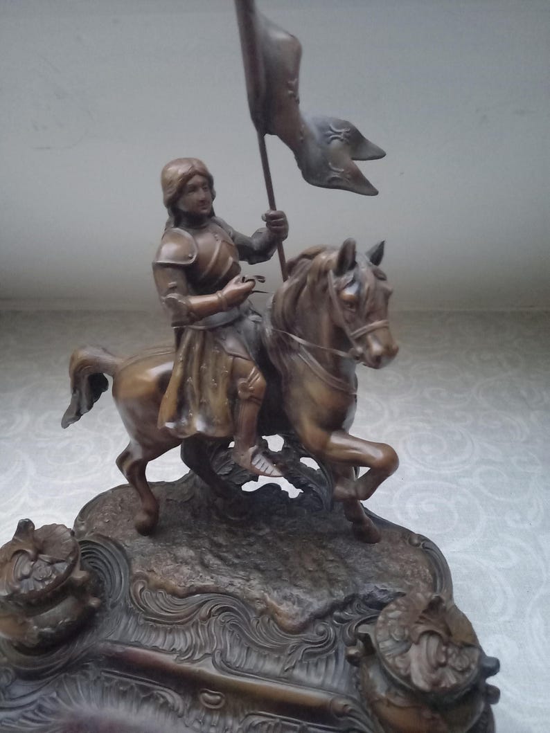 Joan of Arc Sculpture Double Inkwell and Pen Stand Bronzed Metal Signed ...