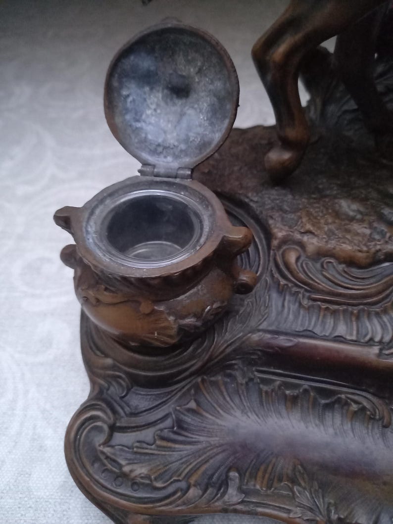 Joan of Arc Sculpture Double Inkwell and Pen Stand Bronzed Metal Signed ...