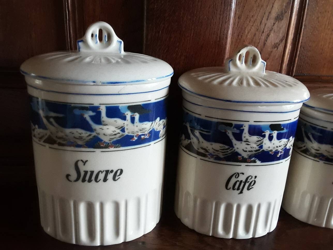 Kitchen Cannister Set French Vintage Ceramic Six Blue and White Storage ...
