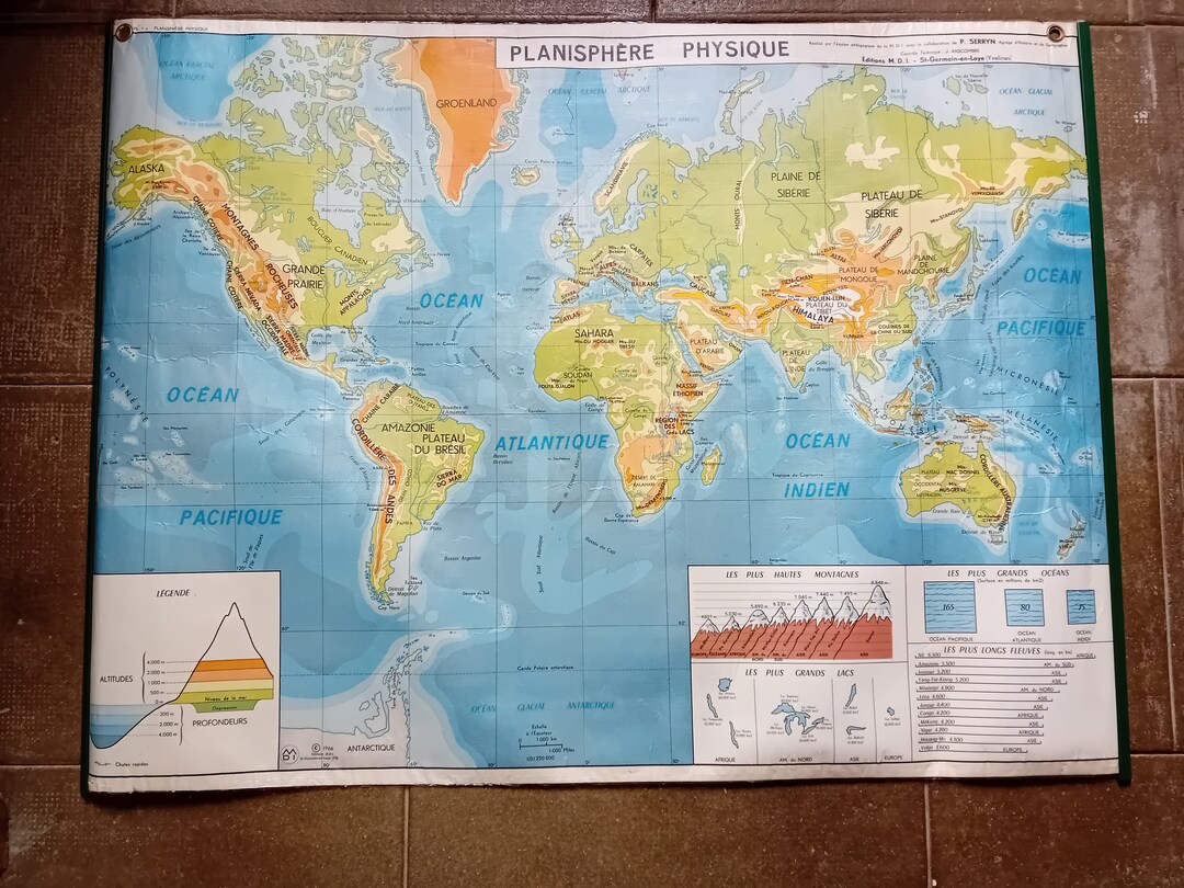 Large Wall Map French Vintage 1966 Planisphere Phisique on Reverse ...